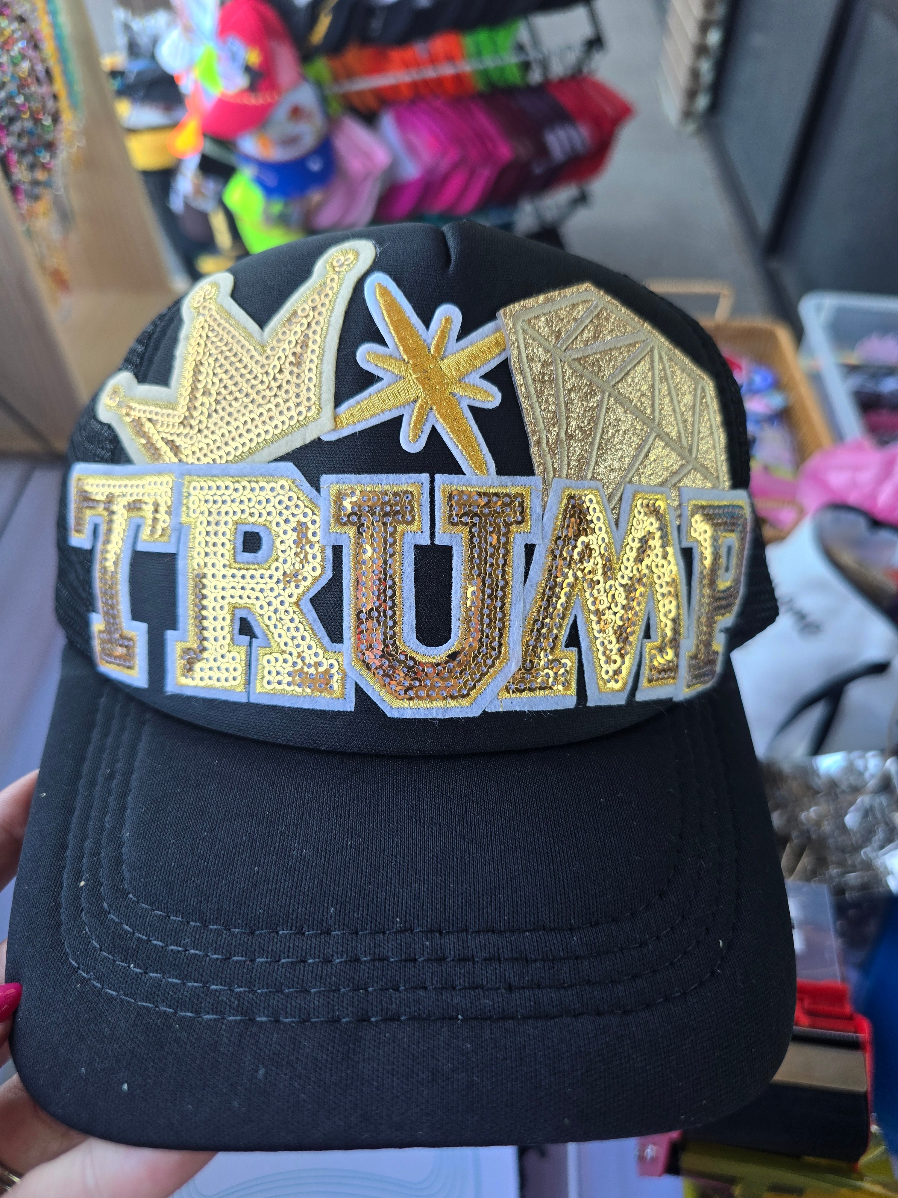 Trump Gold Sequin Black Trucker Hat – Patchwrx Customs